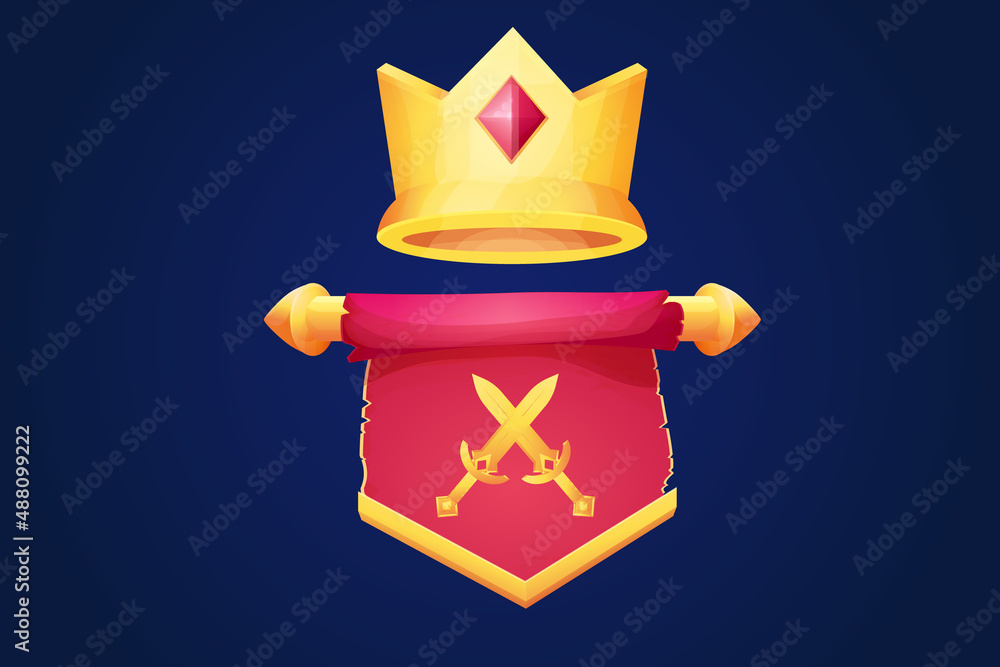 Red hanging medieval banner flag with cloth texture and golden ...