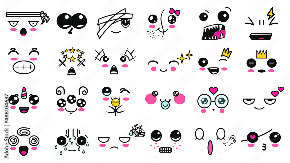 Kawaii cute faces. Manga style eyes and mouths. Funny cartoon japanese ...