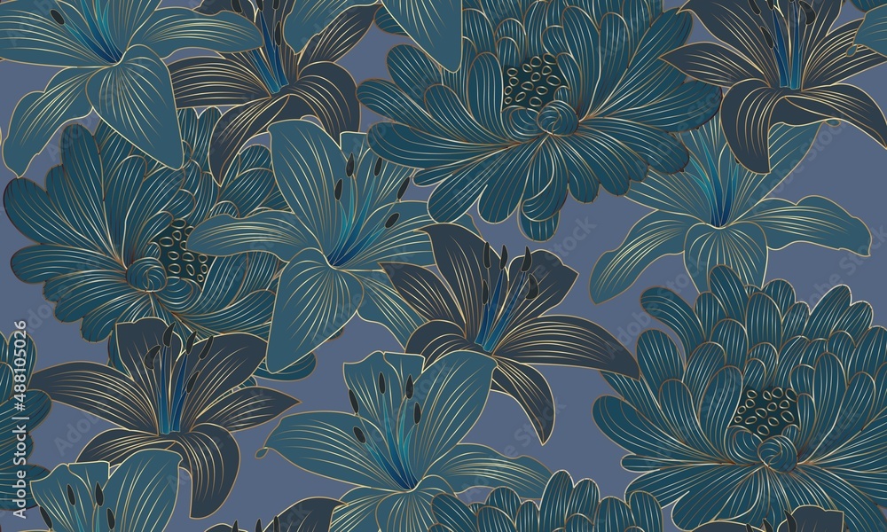 Floral Seamless Pattern Line Art Style. Floral Botanical Line Art ...