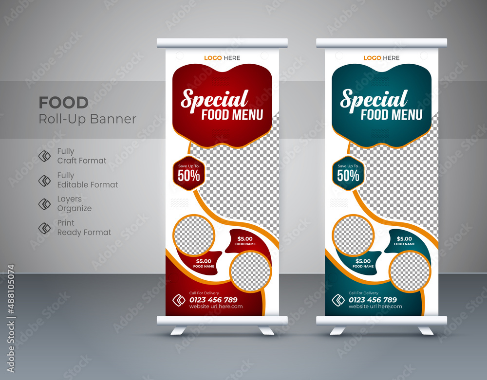 Modern food rollup template design with two color, food roll up banner ...