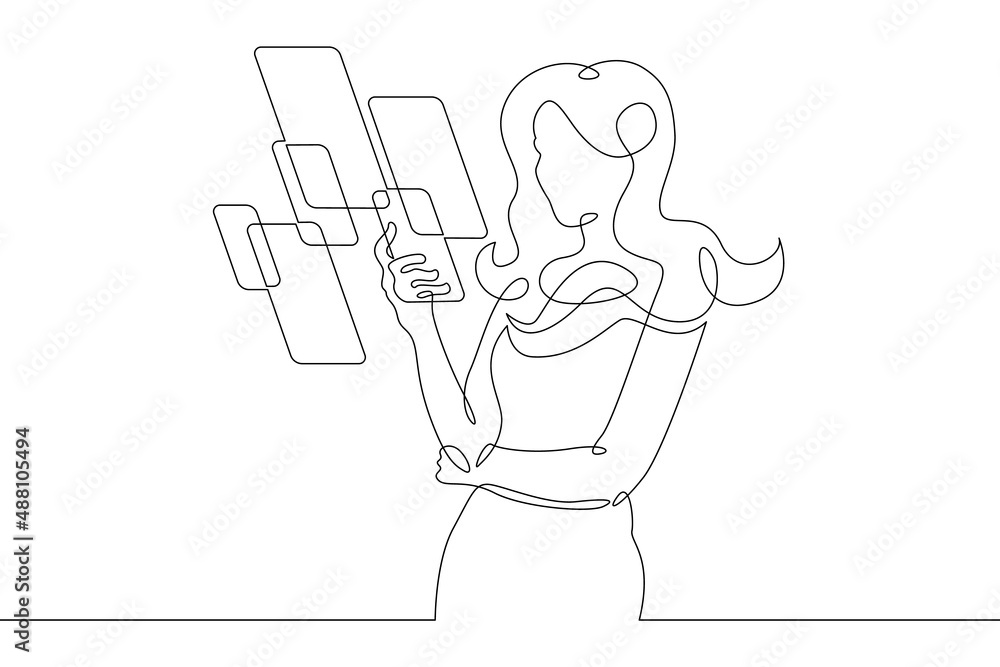 Woman with phone.One continuous line.Augmented reality.Multi-screen in ...