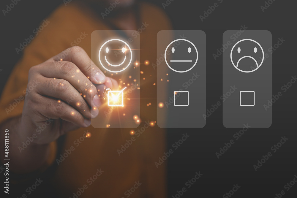 The businessman uses a pen to touch the virtual screen on the happy ...