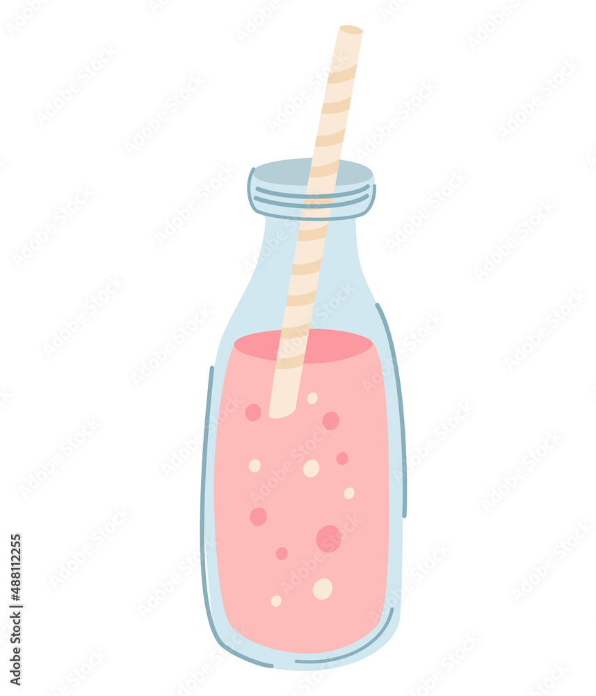Milk drink with a straw. Delicious drink with berry flavor. Hand draw ...
