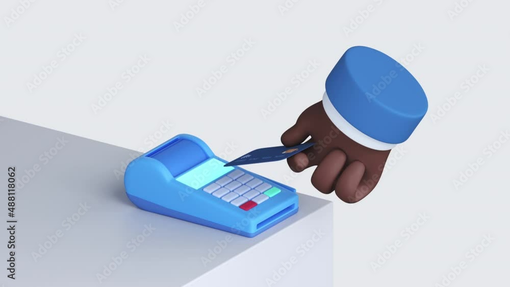 Cartoon character hand pays by credit card using POS terminal ...