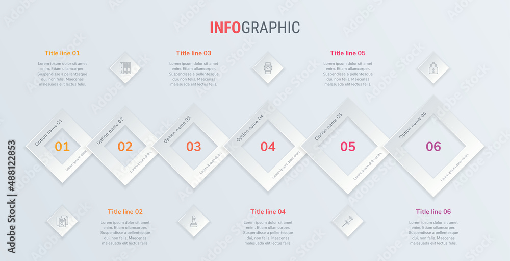 Red vector infographics timeline design template with square elements ...