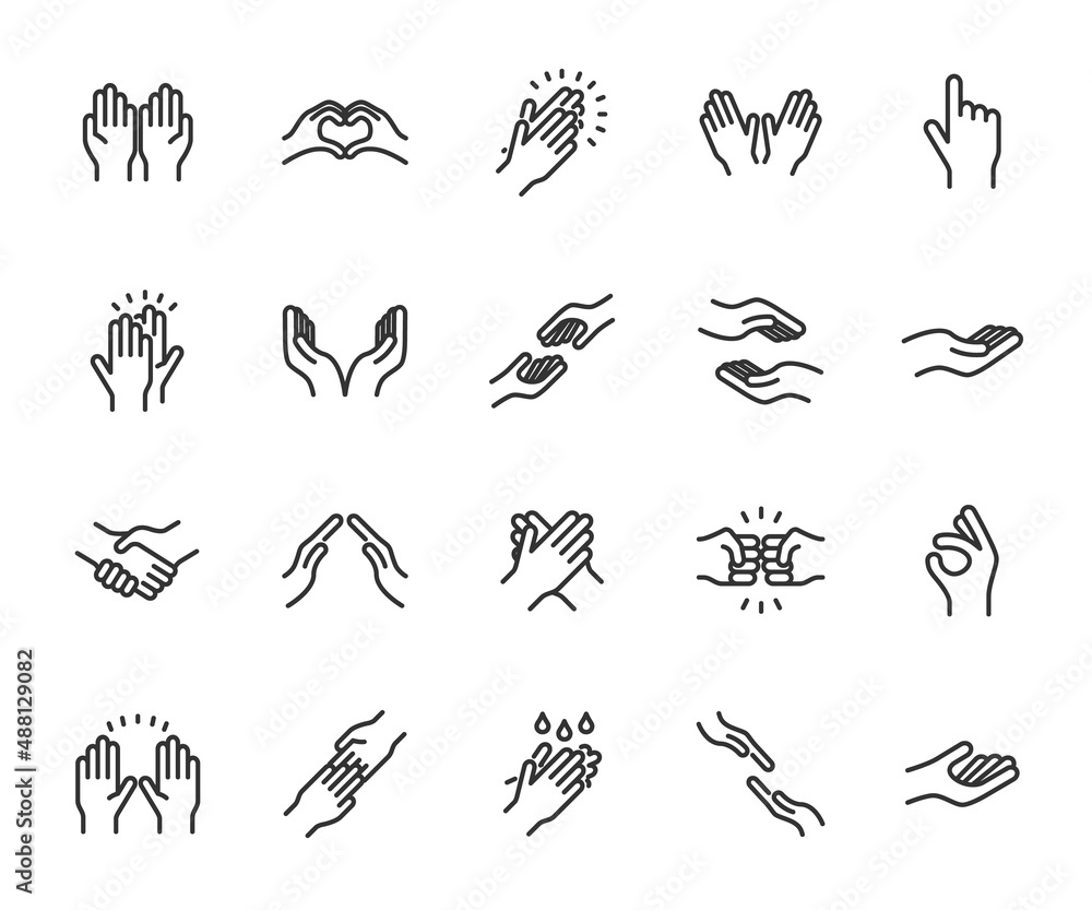 Vector set of hands line icons. Contains icons applause, handshake ...