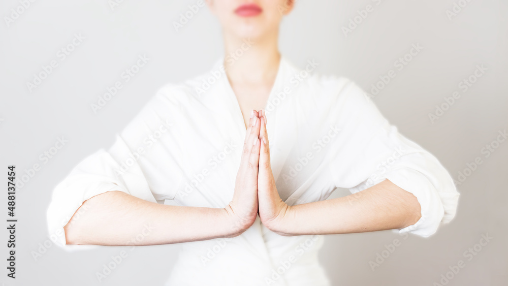 mental health, positive aura,woman holding hands in yoga practice ...