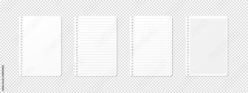Vertical ruled, lined, gridded, checkered grid, dotted and empty sheets on transparent ...