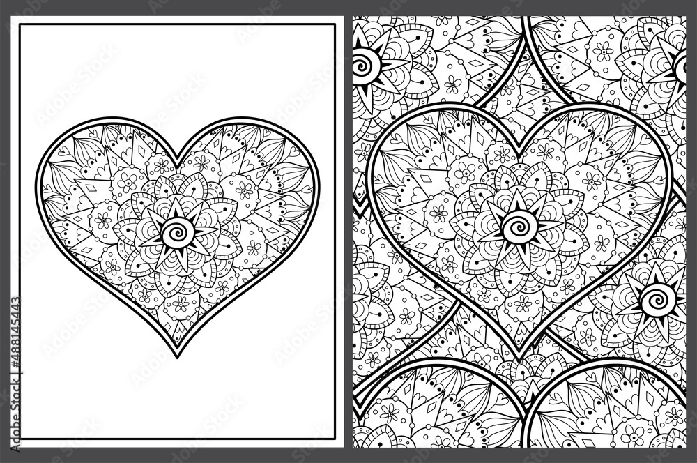 Zentangle floral heart coloring pages set in US Letter format. Black ...