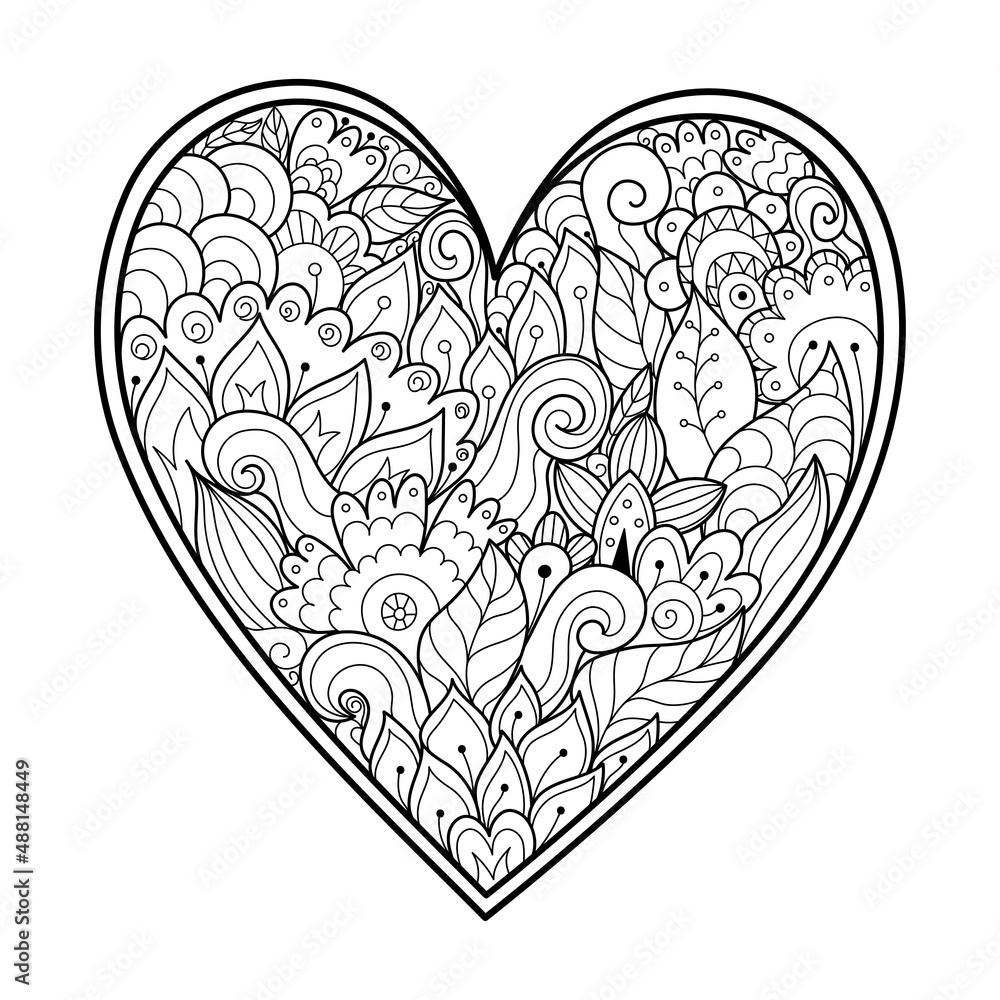 Cute zentangle floral heart coloring page. Black and white love pattern ...