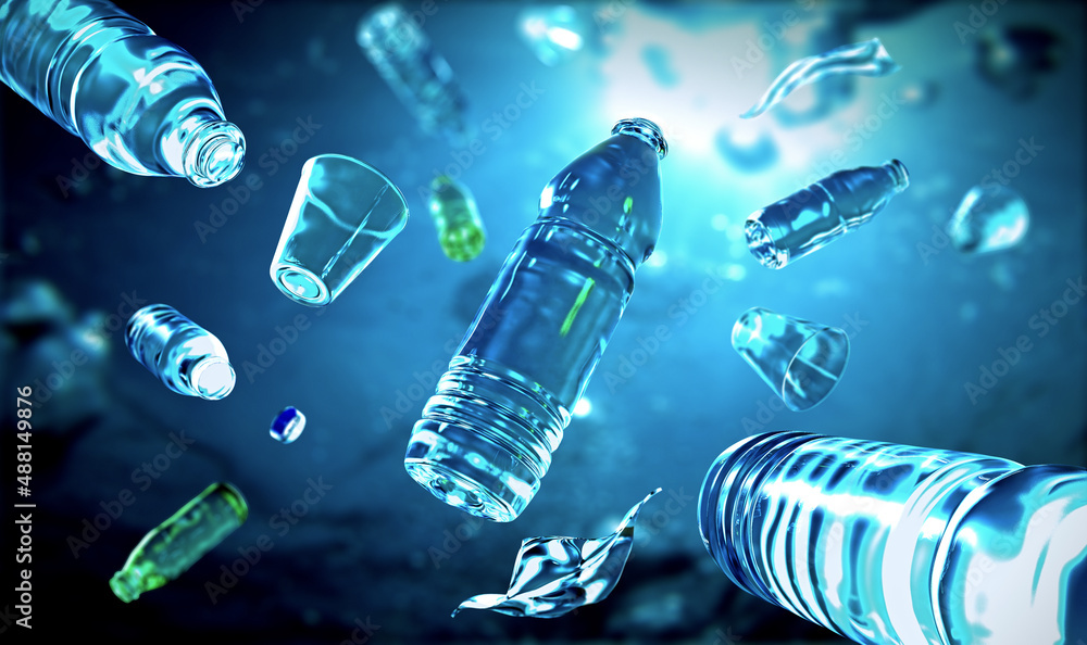 Plastic bottles float underwater in the ocean and pollute the sea - 3d ...