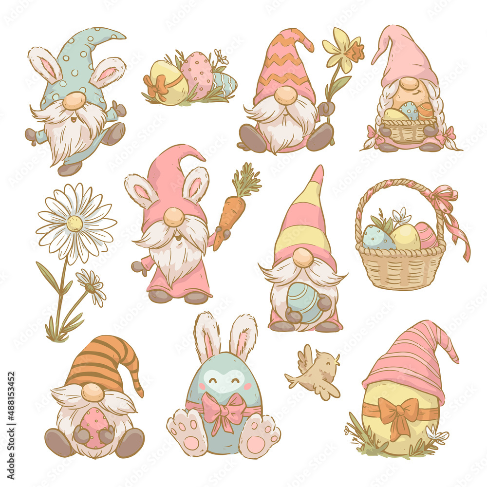 Vector Easter clipart collection of funny spring gnome, bunny ears ...