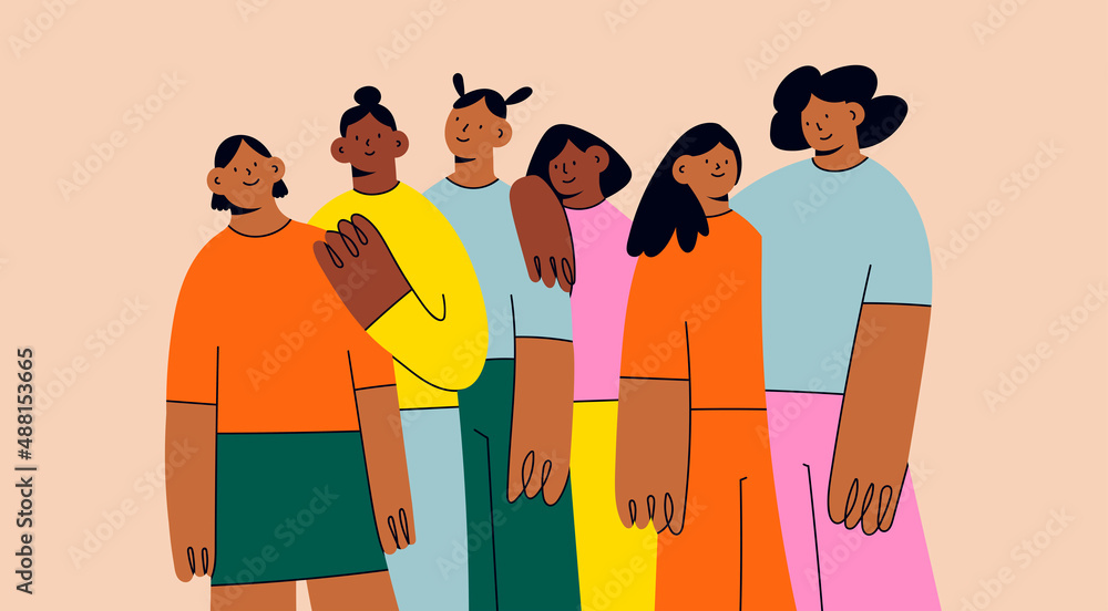 Group of abstract cheerful young ladies. Women are standing, posing ...