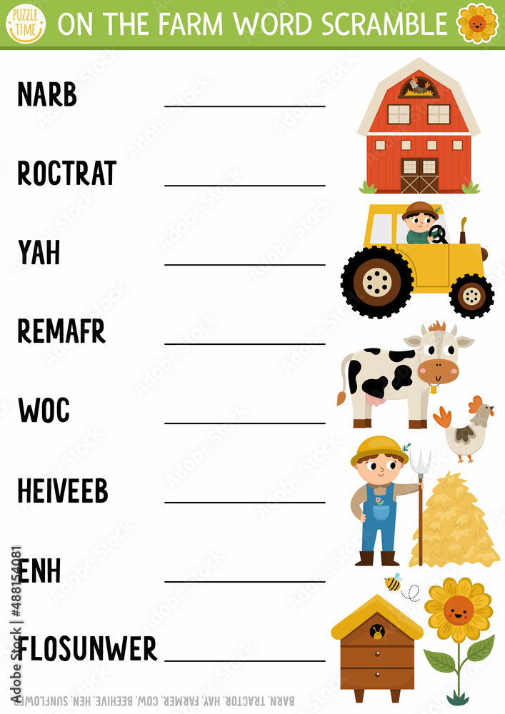 Vector on the farm word scramble activity page. English language game ...