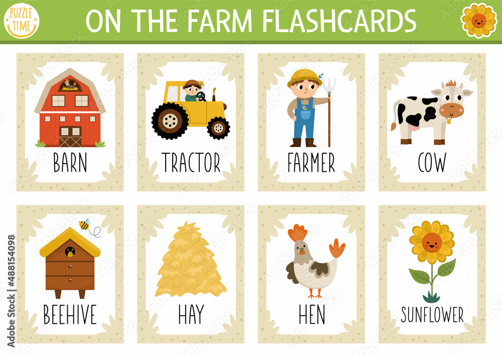 Vetor de Vector on the farm flash cards set. English language game with ...