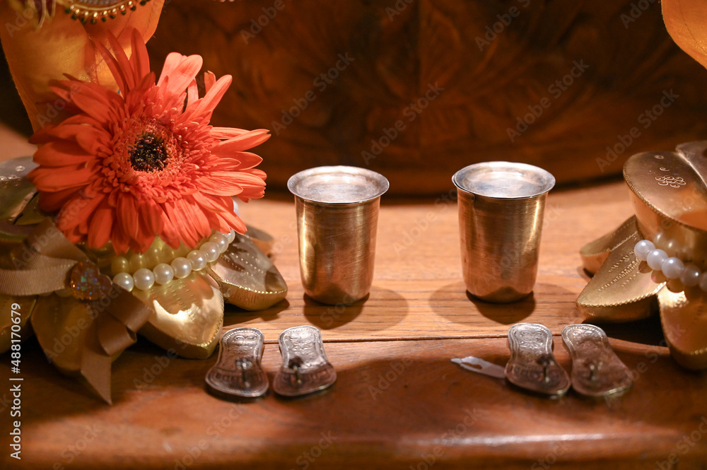 Altar in the Hare Krishna temple, close up. Deities. Home altar for ...