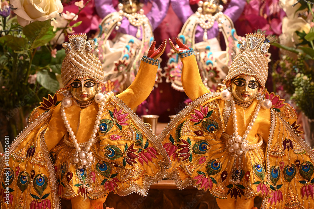 Altar in the Hare Krishna temple, close up. Deities. Home altar for ...