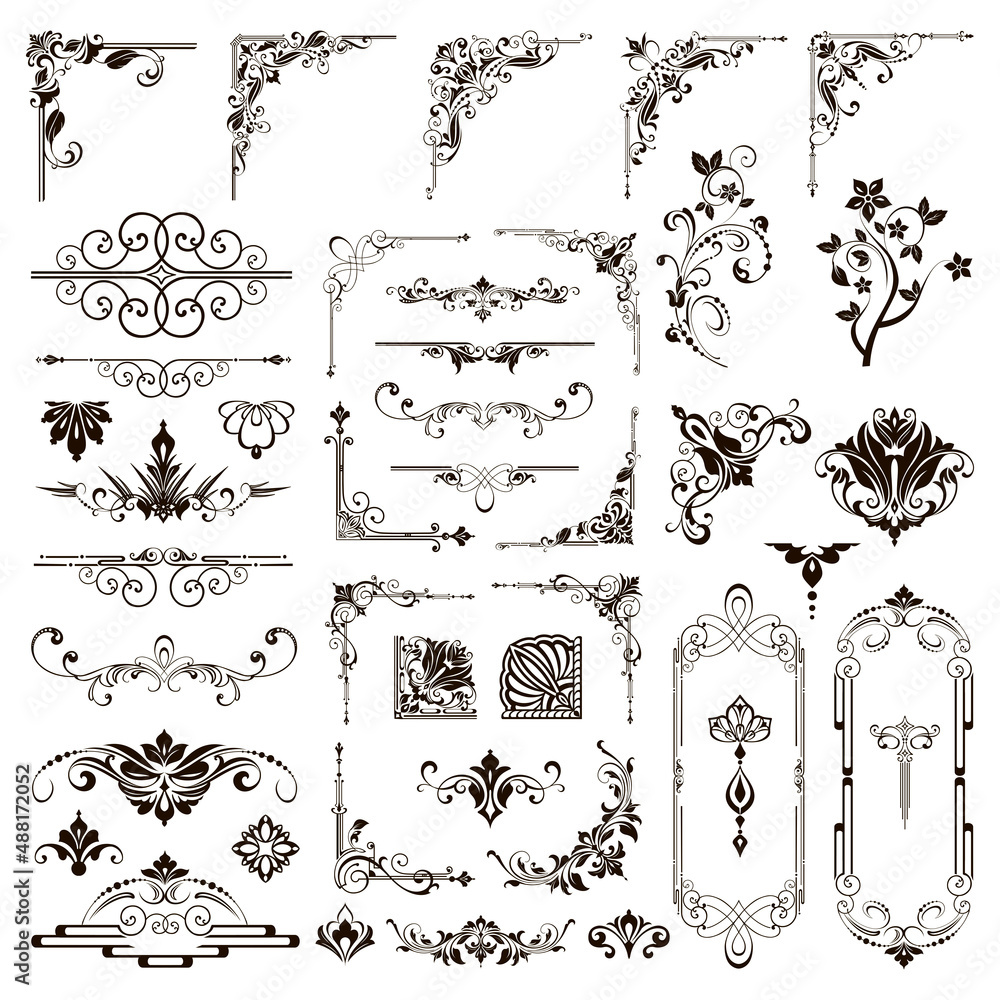 Ornamental design lace borders and corners Vector set art deco floral ...