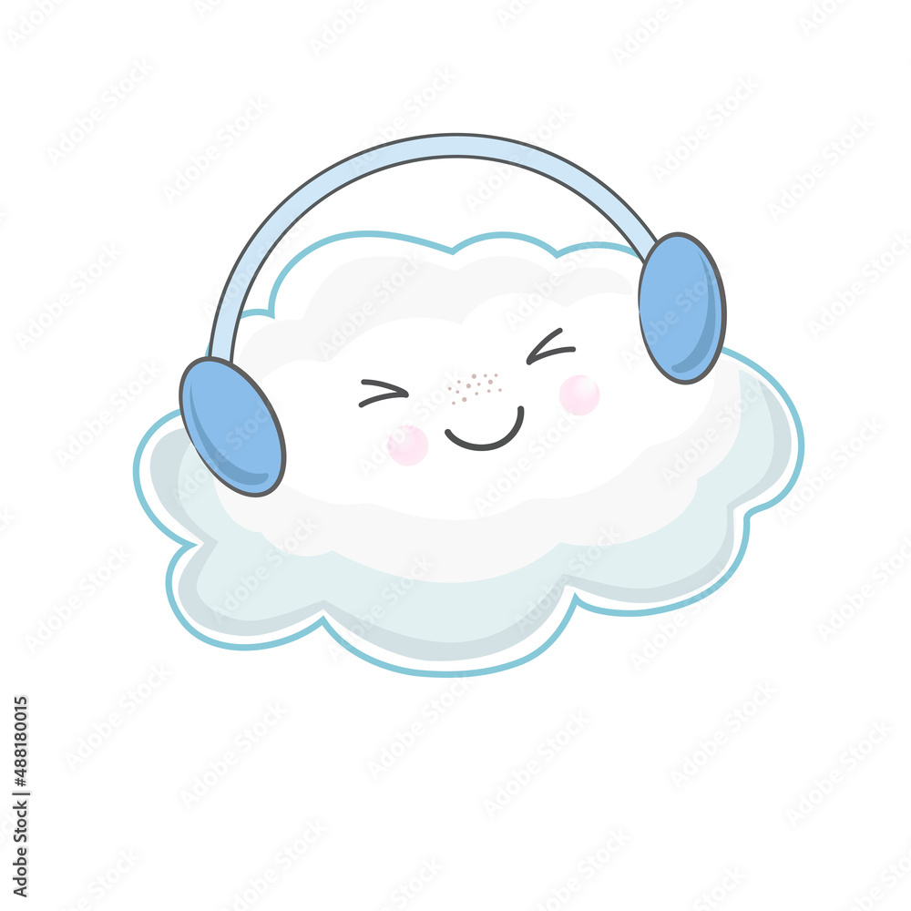 Cute cartoon cloud listening to music with headphones.. Cartoon vector ...