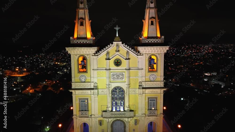 Night cityscape of Basilica of Penha at Rio de Janeiro Brazil. Medieval ...