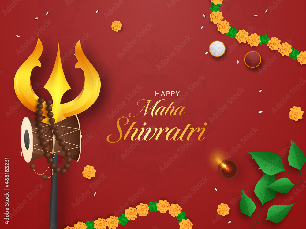 Happy Maha Shivratri Font With Trishul (Trident), Damru, Rudraksha Mala ...