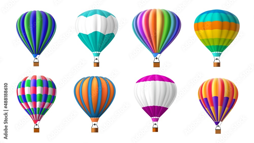 Hot air balloon. Realistic airship with basket in flight. Striped dome ...