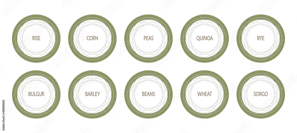 Green round labels for cereals. Food labels with floral frame. For ...
