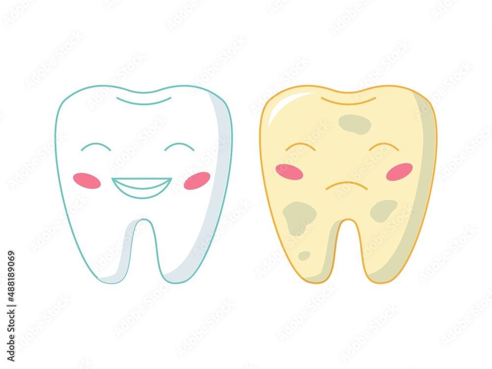 White and yellow tooth. Cartoon teeth characters before and after ...