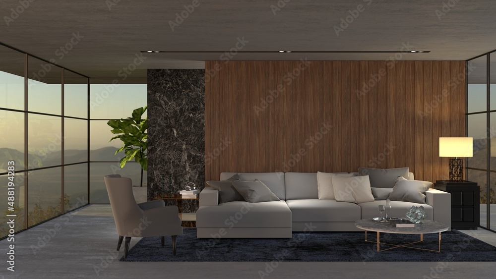 Empty room in modern design, wooden wall, concrete floor and ceiling ...