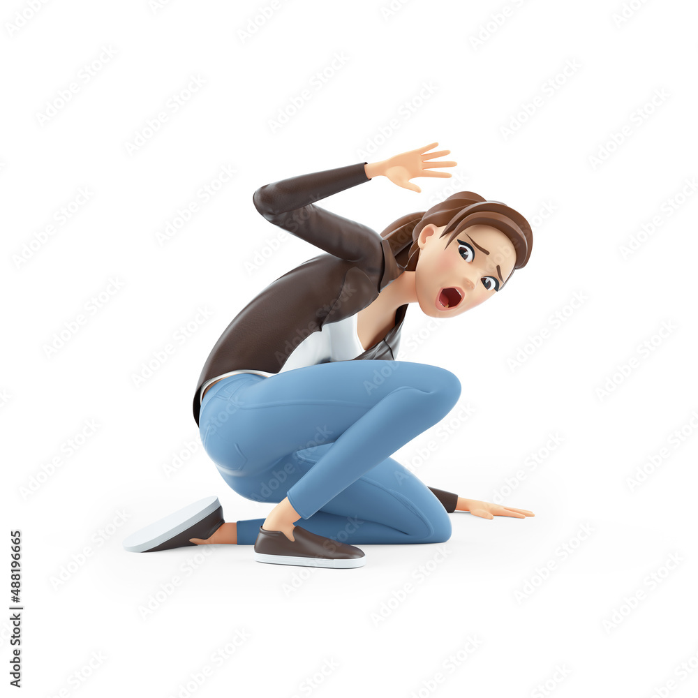 3d scared cartoon woman sitting on the floor Stock Illustration | Adobe ...