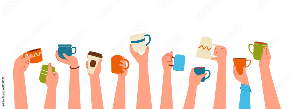 Hands with cups. Cartoon raised hands mugs and paper tea cups, persons ...