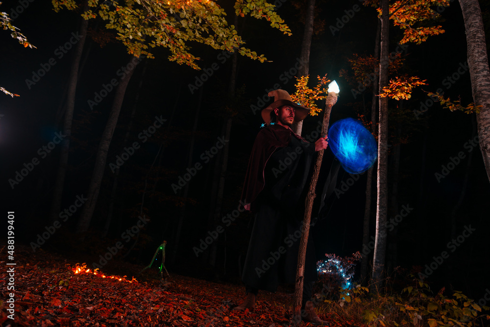 Sorcerer (magician) casting a spell while standing in the magical woods ...