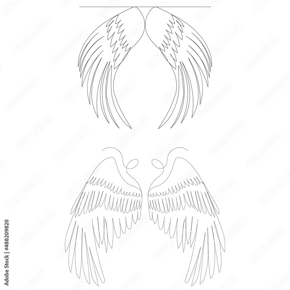 bird wings, angel one line drawing, outline, vector Stock Vector ...