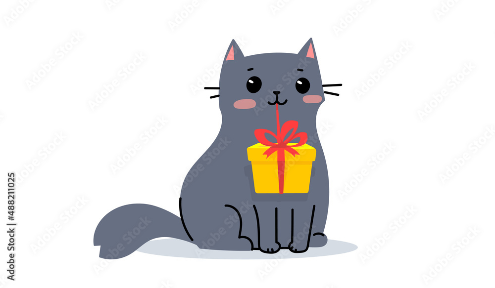 Vector cute illustration of happy gray cat hold gift box on white color ...