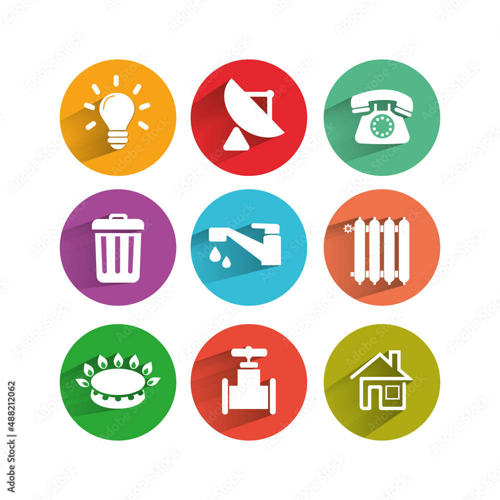 Utilities icons in flat style water, gas, light, heating, telephone ...