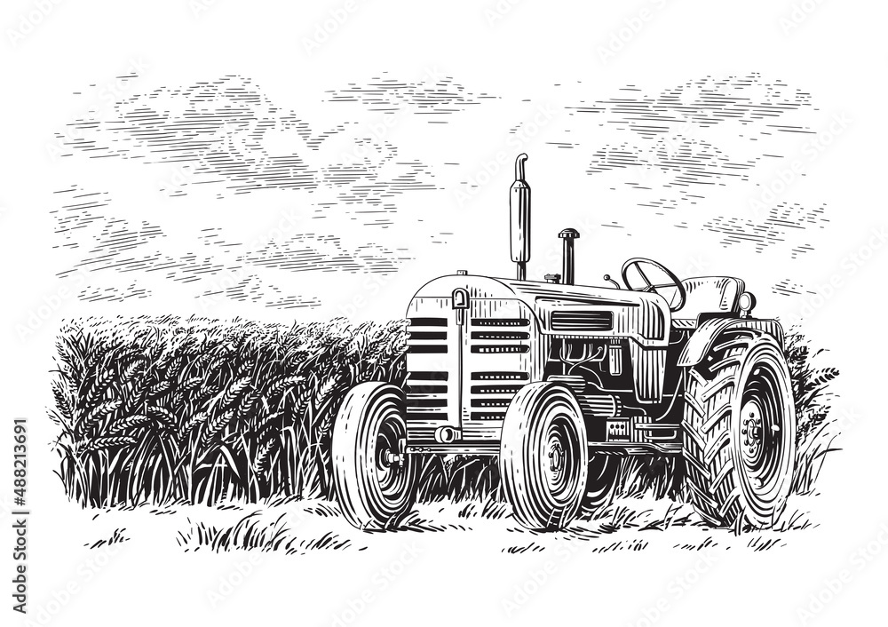 tractor on the field hand drawing sketch engraving illustration style ...