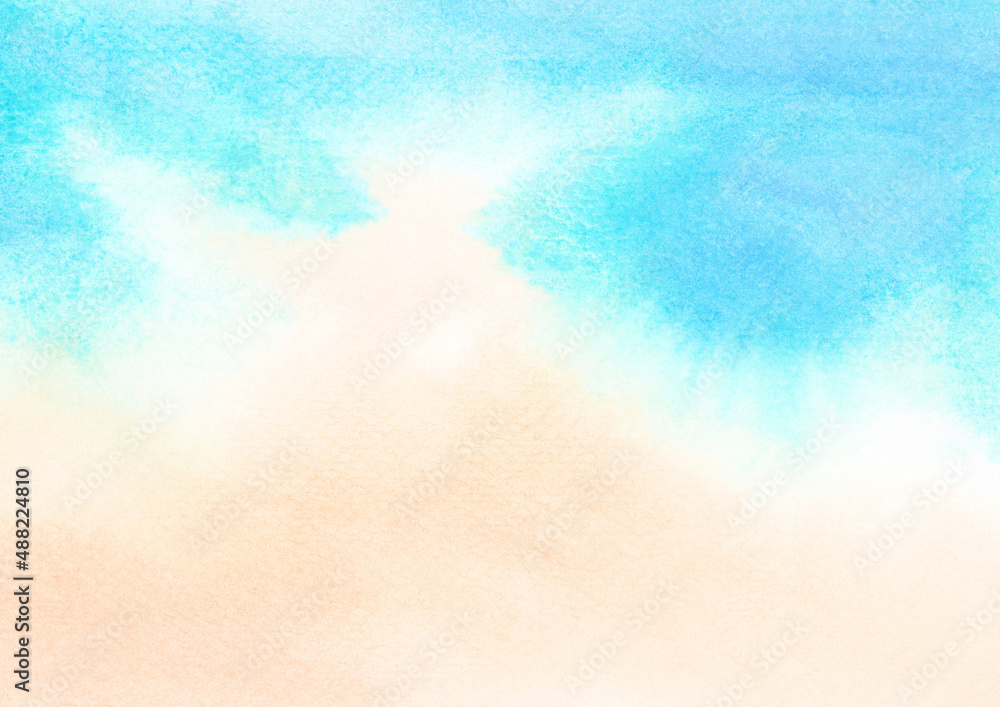 Watercolor painting blue ocean wave on sandy beach background. Abstract ...