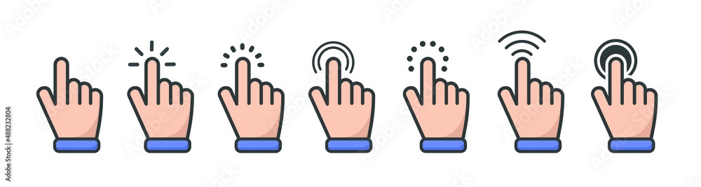 Vector cartoon finger. Touch or click icon mouse cursor in various ...