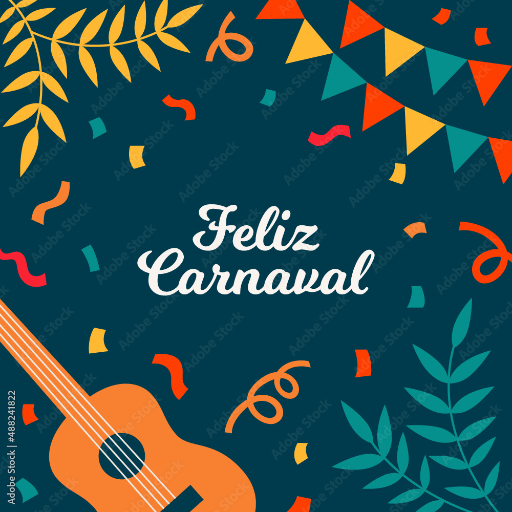 Feliz carnaval. Post redes sociales. Guitarra y banderines. Happy ...