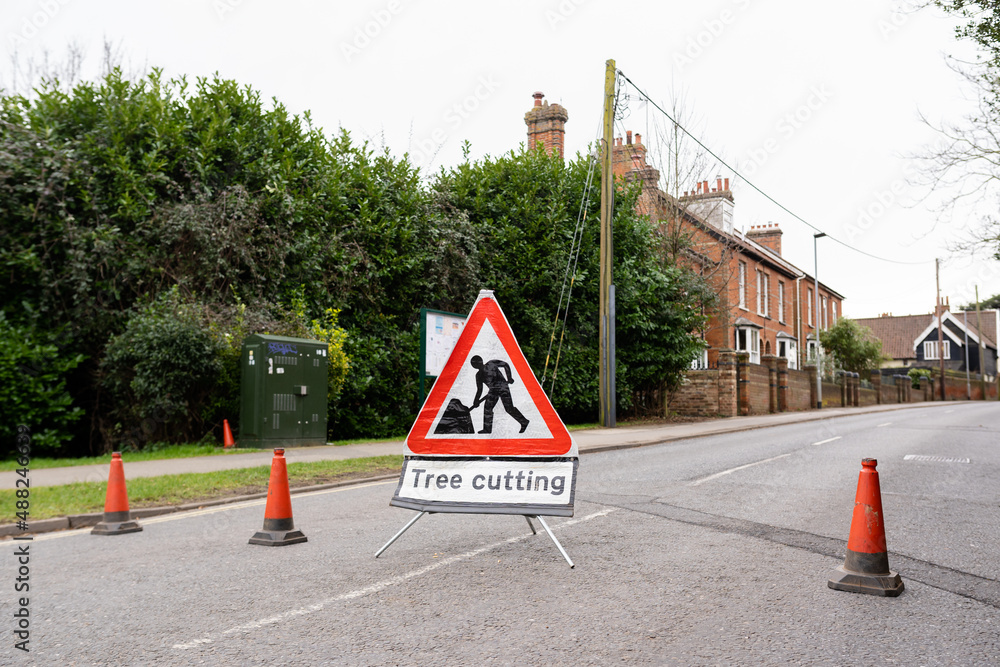 Tree cutting safety sign and orange cones blocking off road to keep the ...