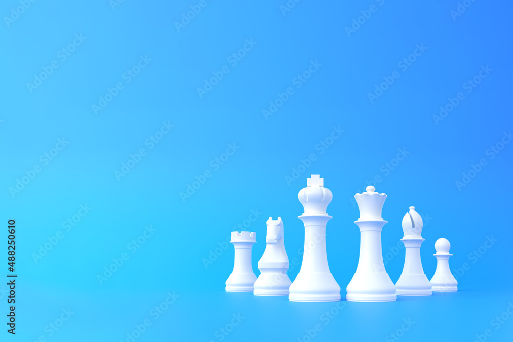 Realistic chess on bright blue background with copy space. Chess piece ...