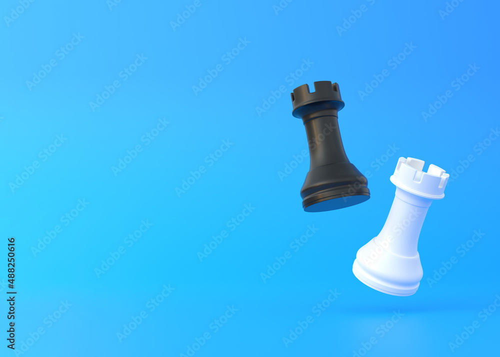 Realistic rook on bright blue background with copy space. Chess piece ...