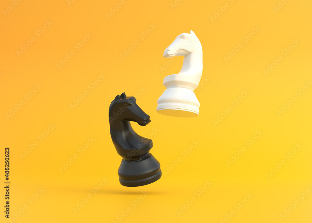 Realistic knight on bright yellow background with copy space. Chess ...