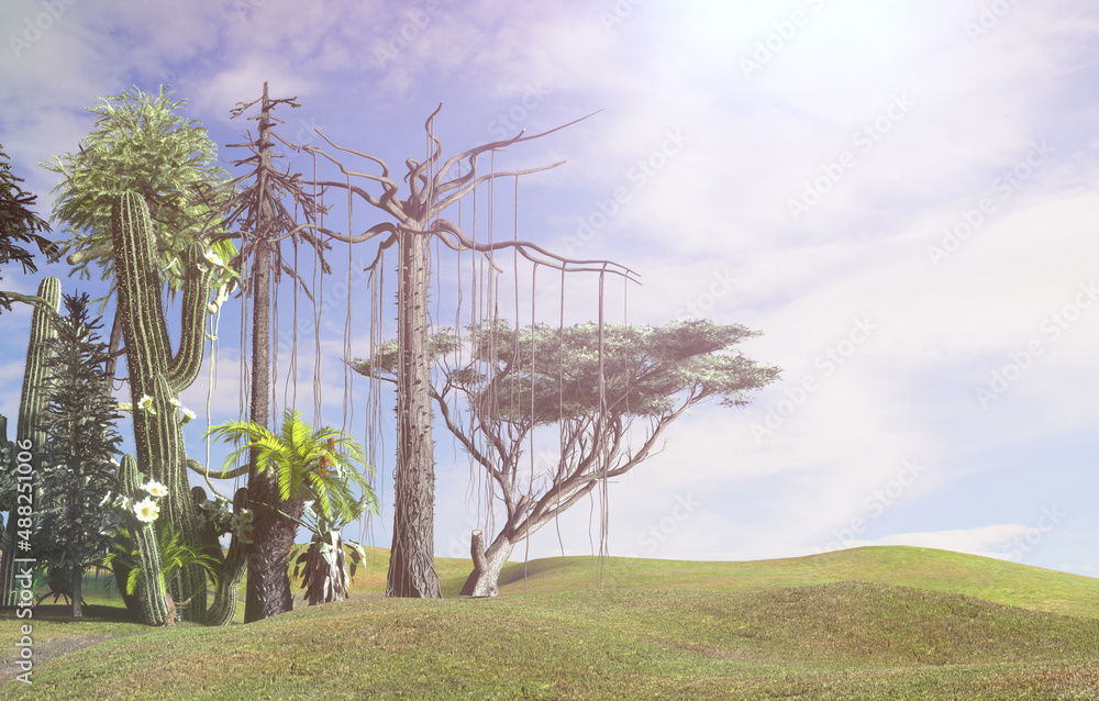 prehistoric forest Mesozoic era background render 3d Stock Illustration ...