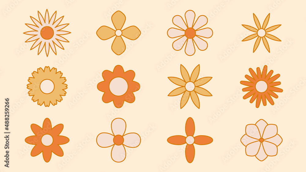 Collection of simple blooming flowers in 1970s psychedelic hippie style ...