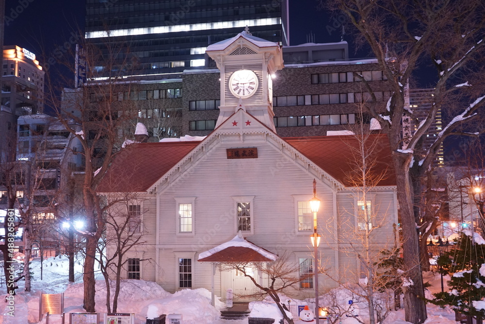 Sapporo Clock Tower at night in Hokkaido, Japan - 日本 北海道 札幌 時計台 Stock ...