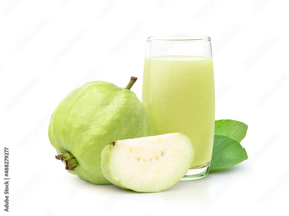 Guava juice with fresh guava fruit isolated on white background. Stock ...