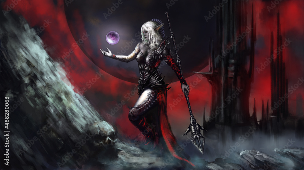 A dark elf mage in spiked armor and white hair uses a magic sphere for ...