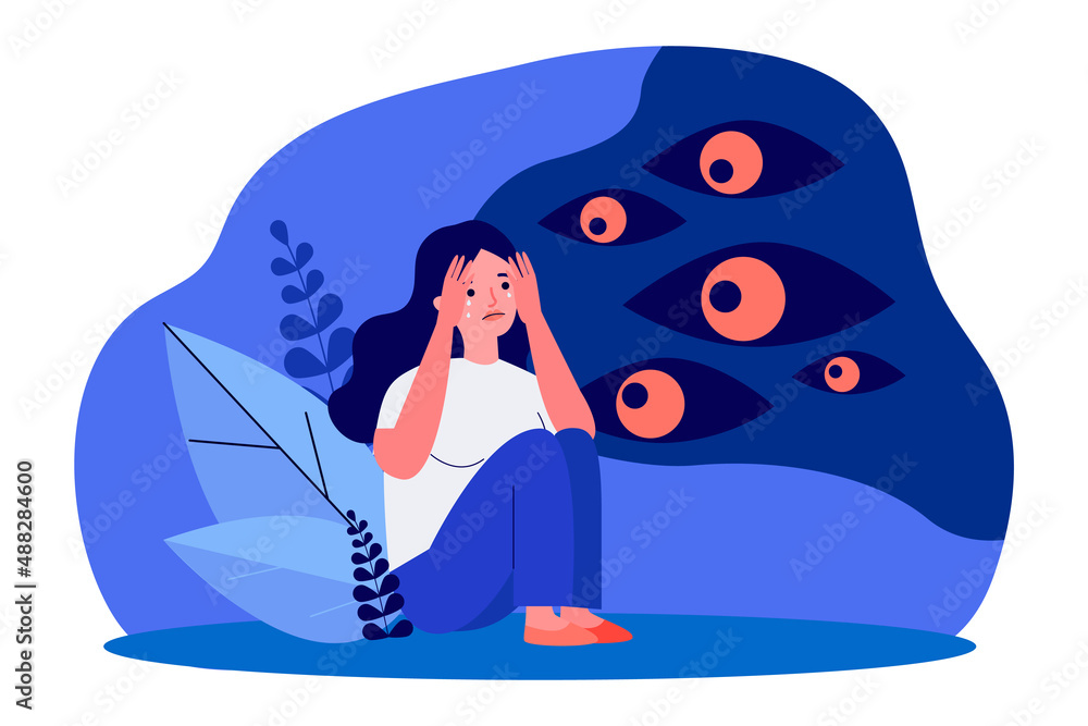 Spooky eyes looking at crying girl in darkness. Frightened woman scared ...