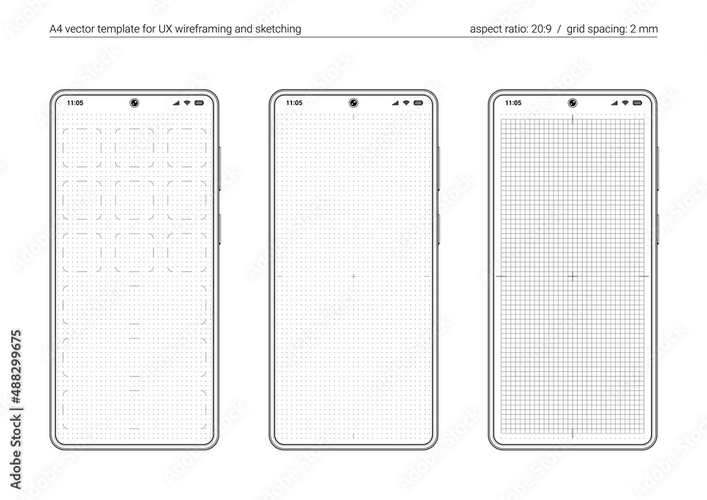 A4 printable template for UX wireframing of mobile apps. Black outline ...